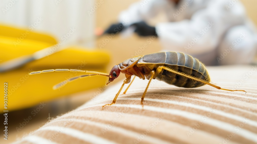 Professional exterminator treating bed bug infestation in a bedroom ...