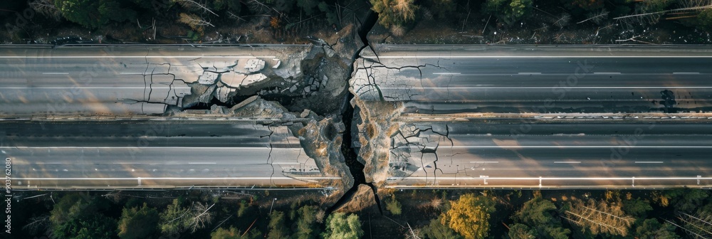 Damage highway collapses huge cracks. Asphalt road collapsed and fallen ...