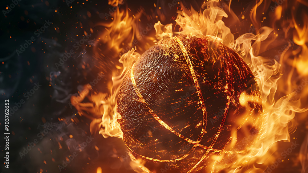 basketball on fire, with detailed textures of the ball and realistic ...