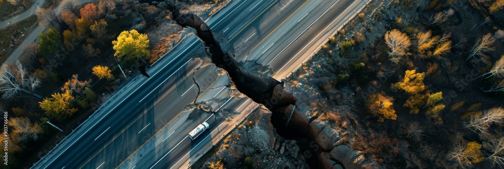 Damage highway collapses huge cracks. Asphalt road collapsed and fallen ...