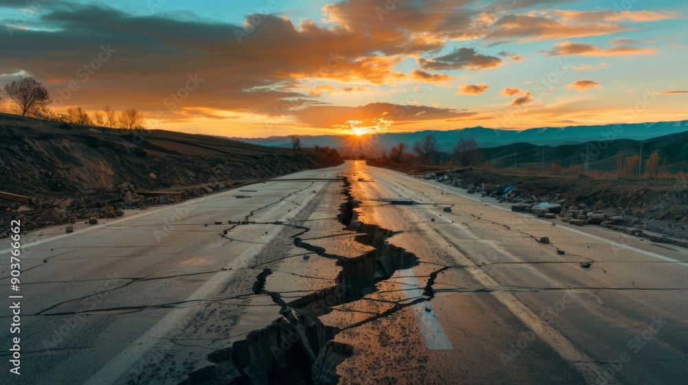 Damage highway collapses huge cracks. Asphalt road collapsed and fallen ...