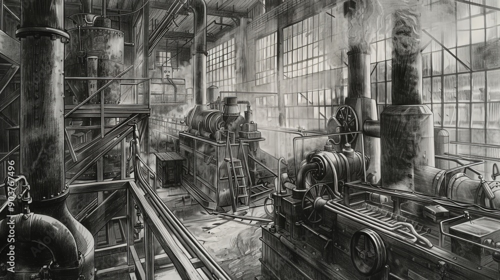 Engraving old industrial scenes, capturing the early days of machinery ...