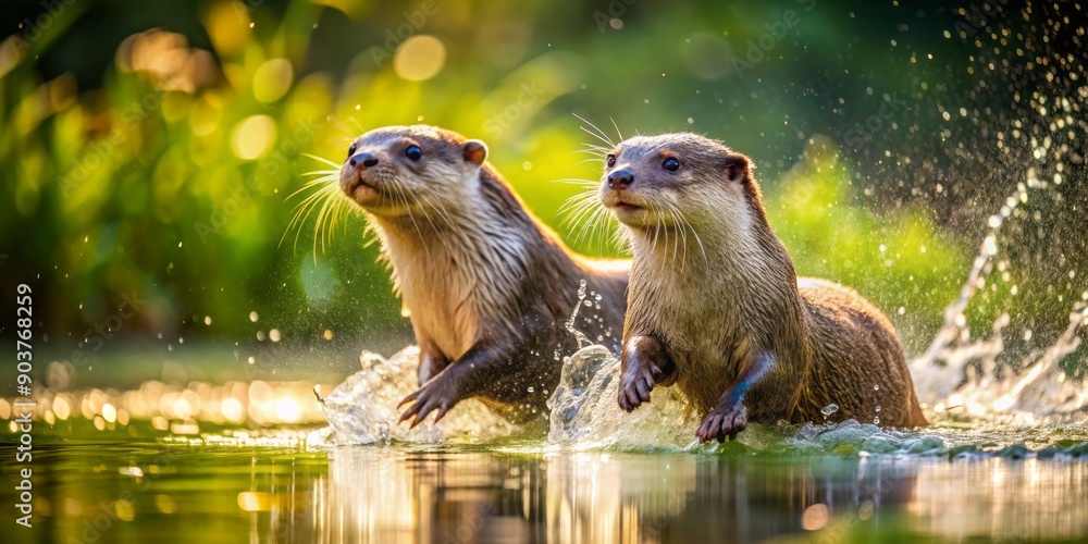 Two adorable otters splash and chase each other in a serene river ...