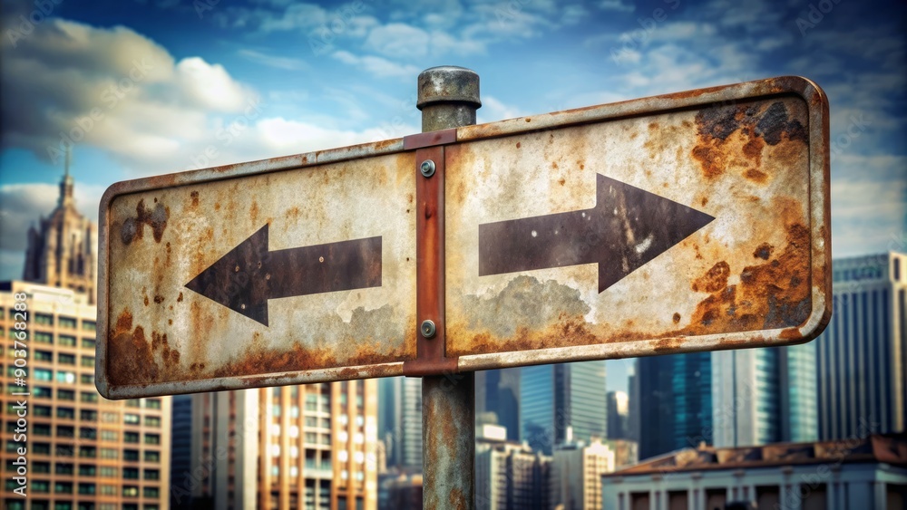 Faded and rusty street sign with worn arrow symbols pointing in ...