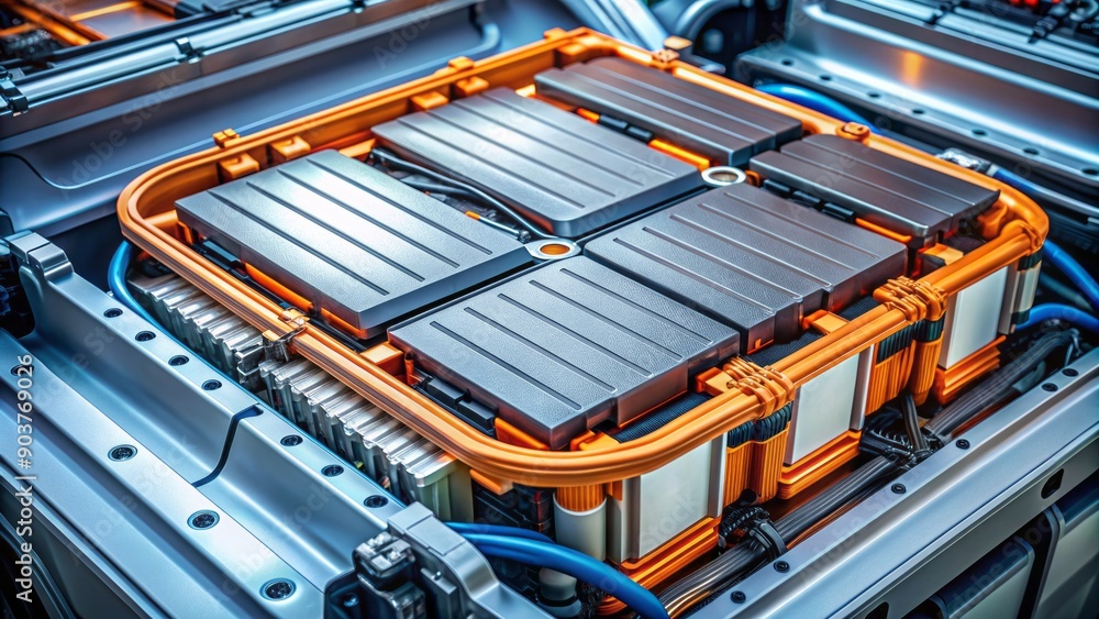 Close-up of a modern electric vehicle's advanced lithium-ion battery ...