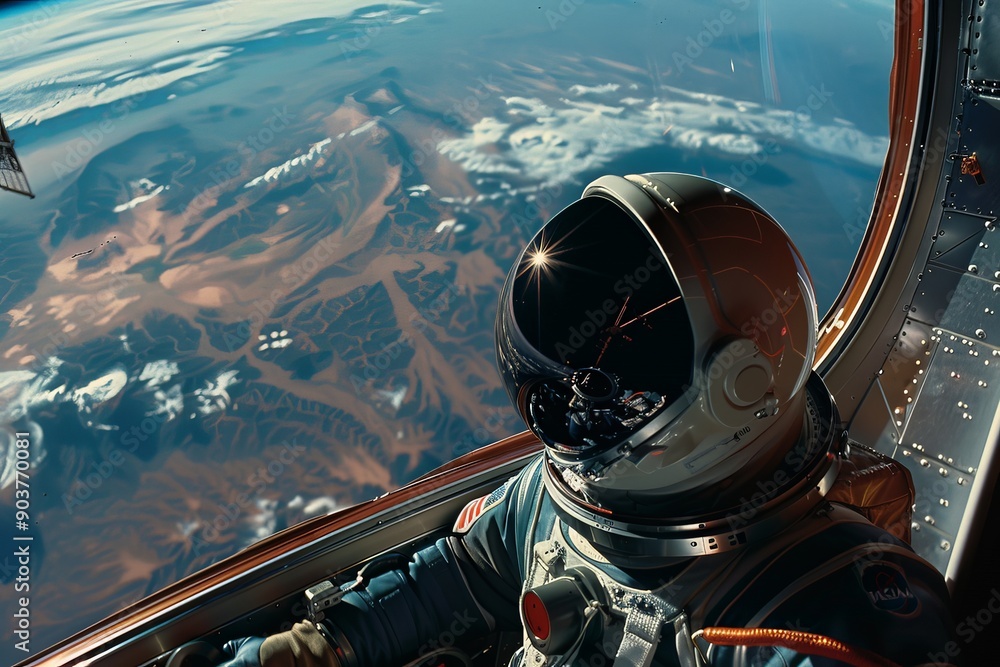 Space tourists suited up for a spacewalk, exiting their spacecraft ...