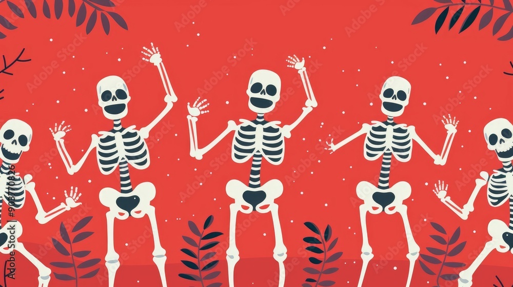 of a skeleton dance party with spooky joyful skeletons celebrating and ...