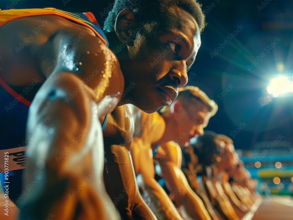 Summer Olympic sprinters at the starting line, poised for the race to ...