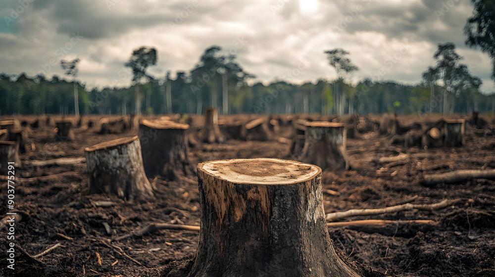 Deforested land shows numerous tree stumps amid sparse vegetation ...