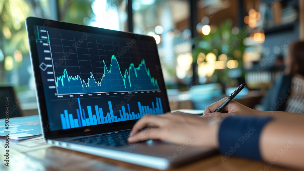 Line graph showing a steady upward trend on a laptop screen, with a ...