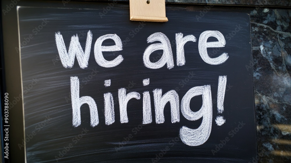 Blackboard with hiring signs. "we are hiring!" written in white chalk ...