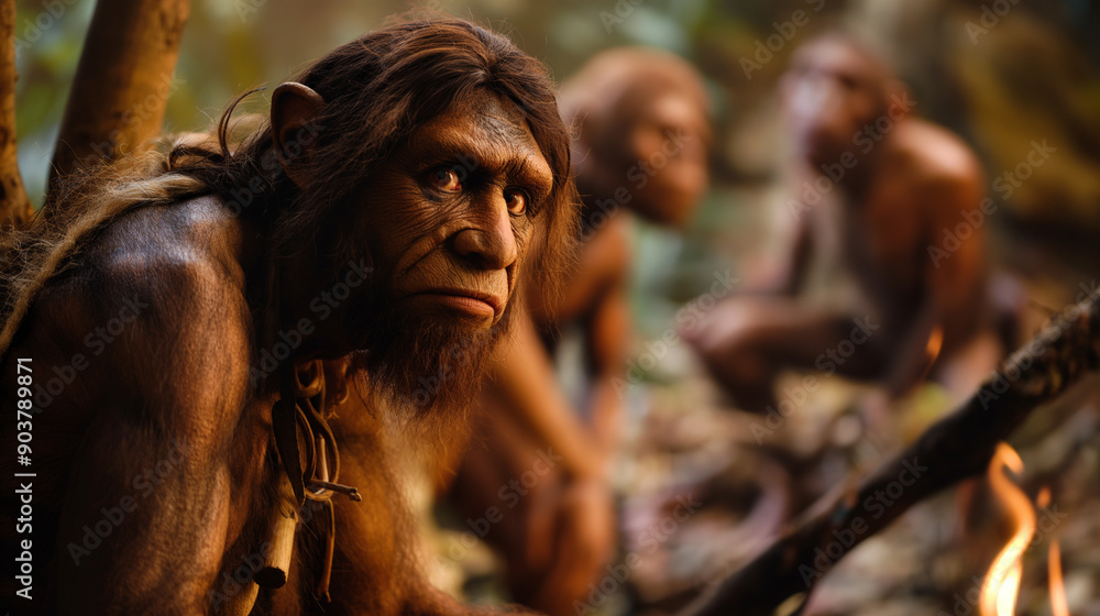 Group of early humans next to bonfire in a prehistoric forest. Stock ...