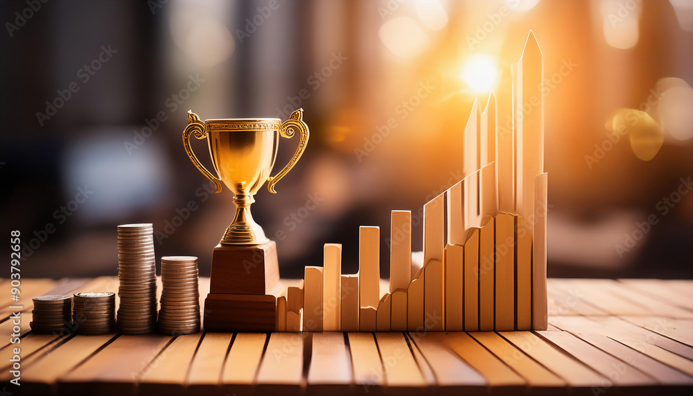 Achievement and success, featuring symbols like a rising graph, a ...