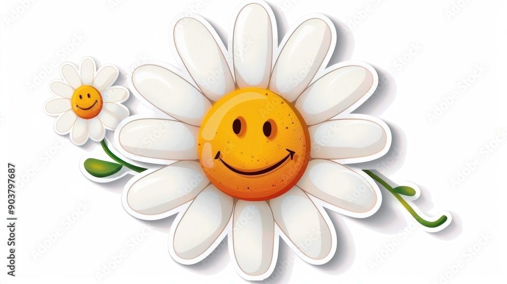 Cute cartoon daisy flower with a happy smiling face and green leaves on ...