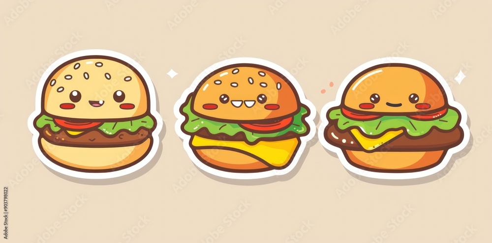 Sticker design of three different cute burgers with smiling faces on a ...