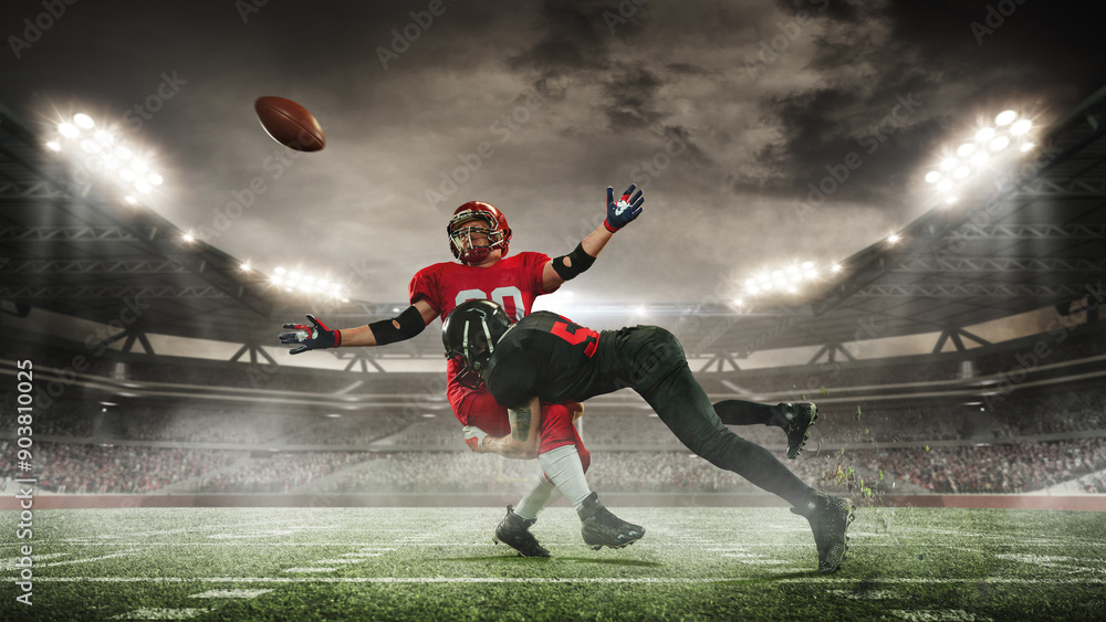 Dynamic image of two American football players in motion on open air ...
