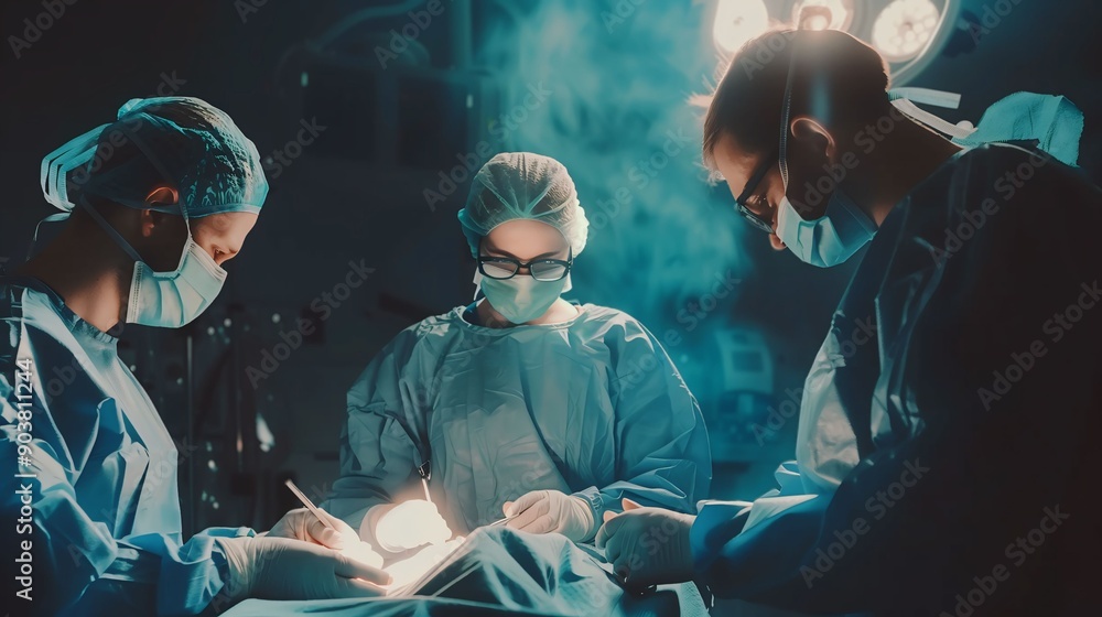 A focused surgical team in sterile attire performing an operation in a ...