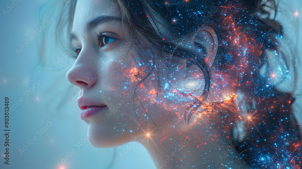 Woman profile dissolving into glowing particles of light and energy ...
