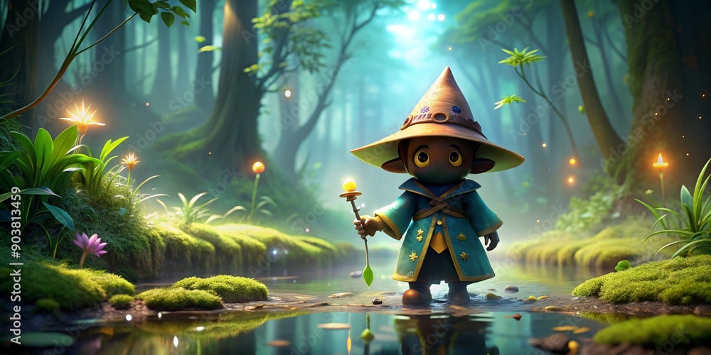 Cute little black mage casting spells in an enchanted swamp, mage ...