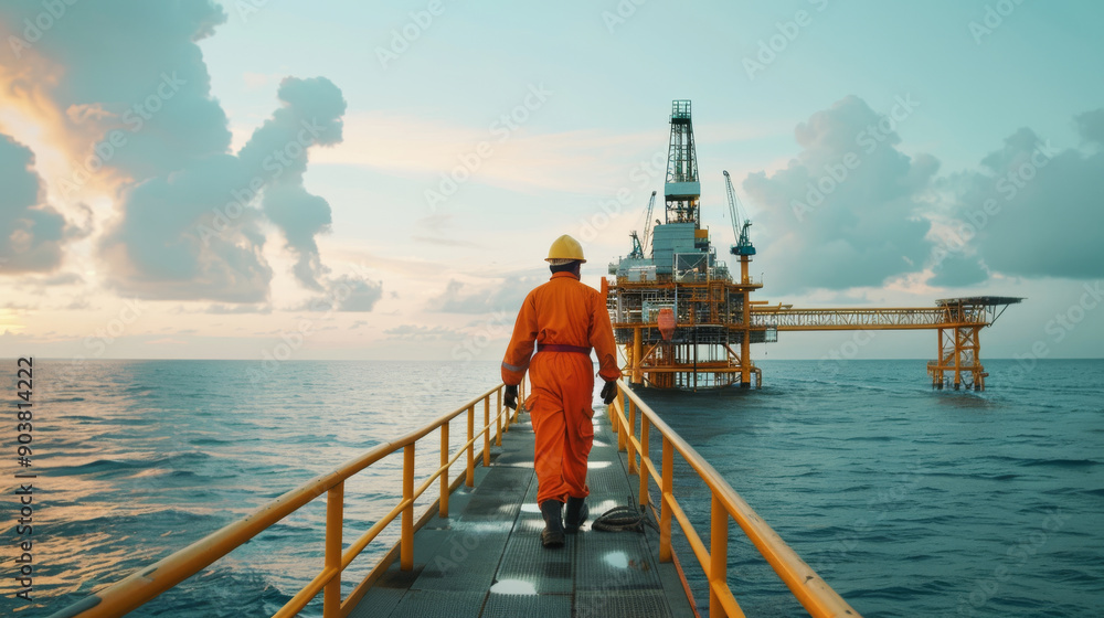 An offshore oil rig worker in an orange jumpsuit walks along a platform ...