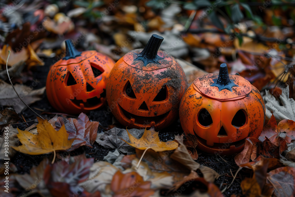 Three carved pumpkins with expressive faces, placed on the ground among ...