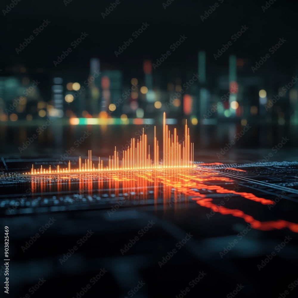 Dynamic audio waveform visualization set against a futuristic city ...