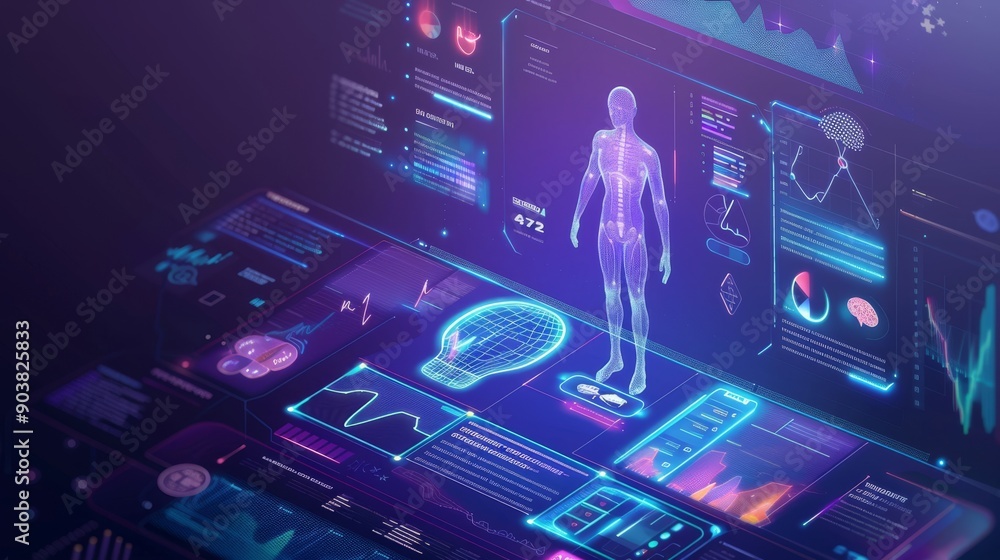 Futuristic digital interface displaying a human body hologram and ...