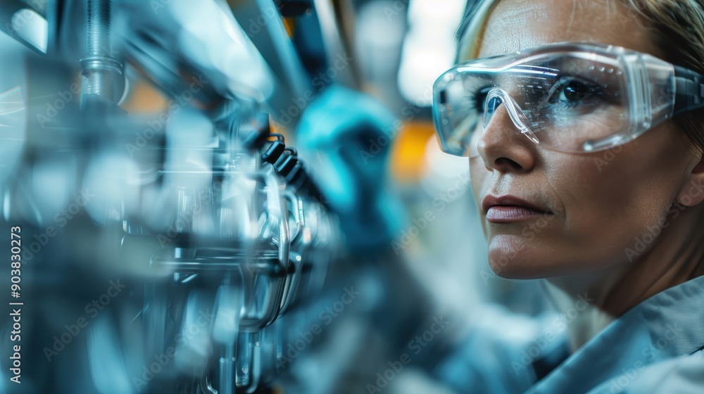 A person, equipped with safety goggles and gloves, is engaged in ...