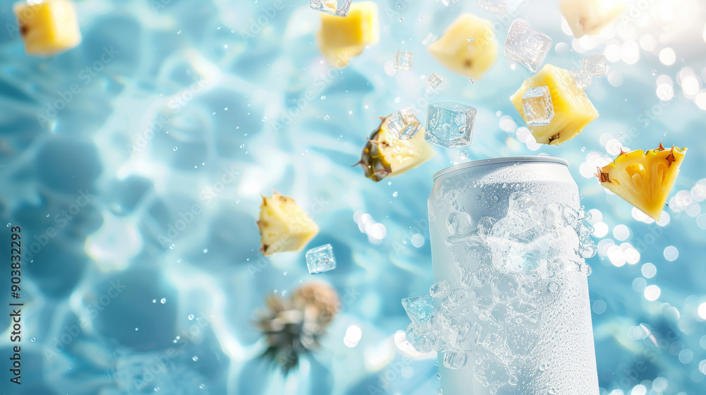 tall slender white soft-drink can floating, tilted up slightly, facing camera, cubed little ...