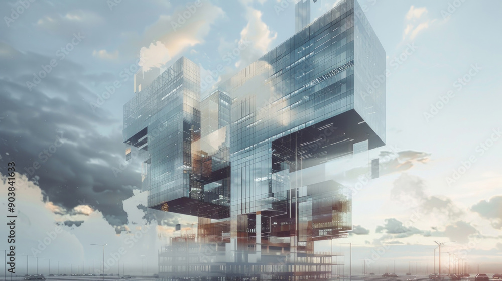 Create a realistic building with one half of it merging with its ...