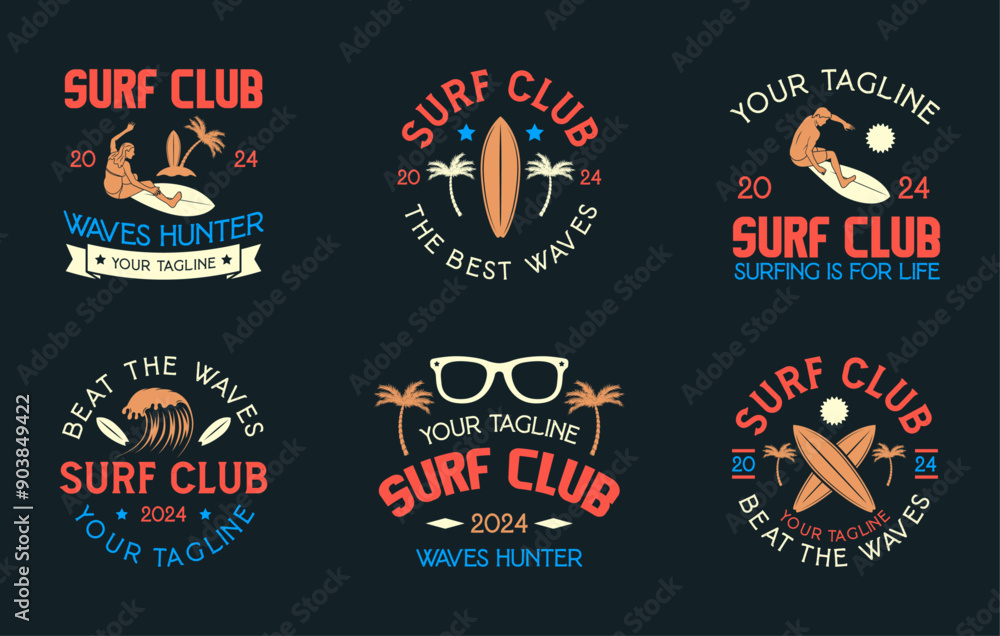 Vintage Surf club vector logo bundle. Set of retro surfing emblems ...