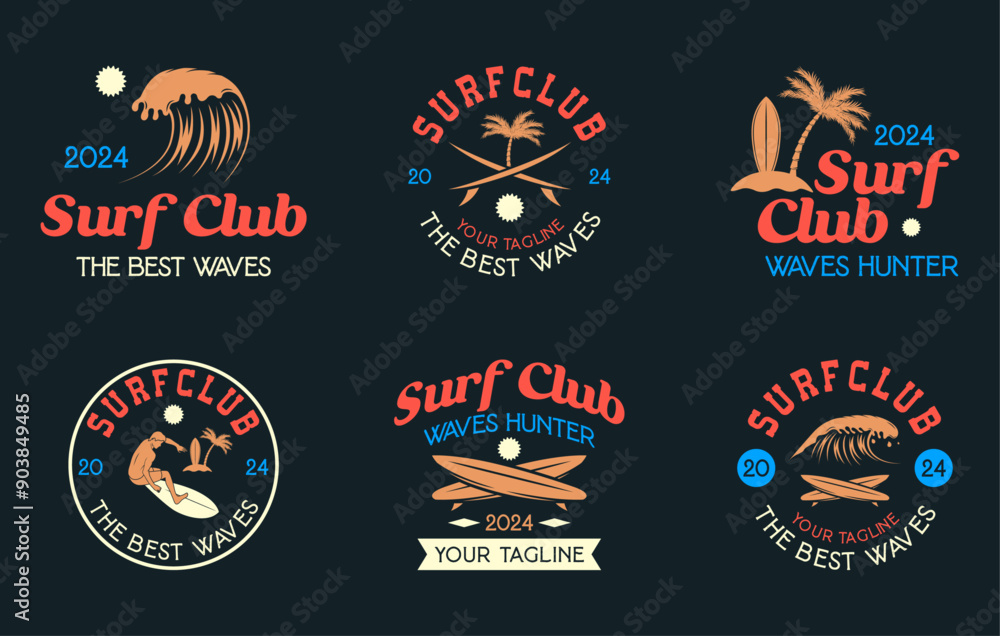 Vintage Surf club vector logo bundle. Set of retro surfing emblems ...