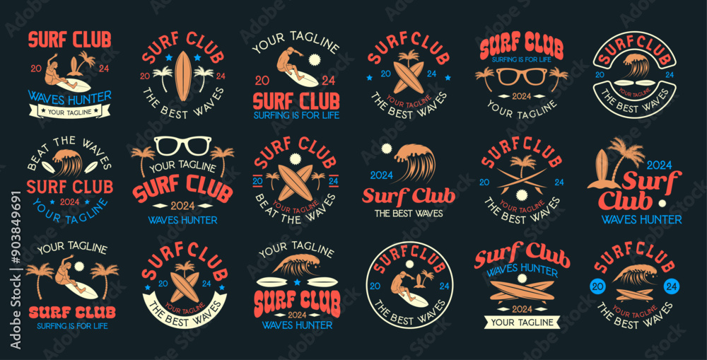 Vintage Surf club vector logo bundle. Set of retro surfing emblems ...