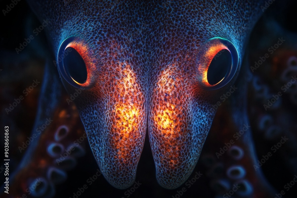 Macro shot of a vampire squid's luminous organs under its eyes, glowing ...