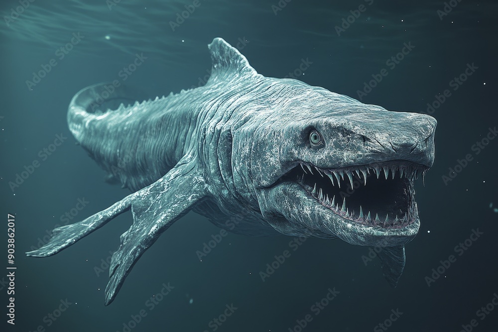 A frilled shark with its unusual, prehistoric appearance, lurking in ...