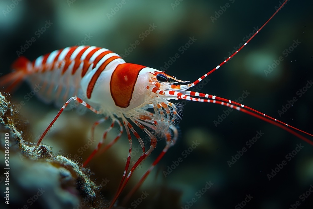 The bright red and white stripes of a peppermint shrimp deep under the ...