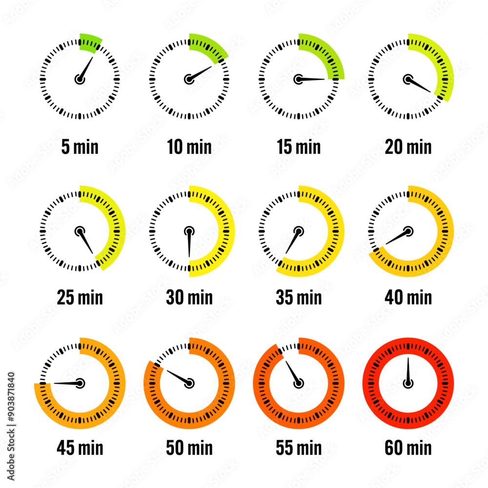 Simple stopwatch icons. Colorful chronometer, time counter with dial ...