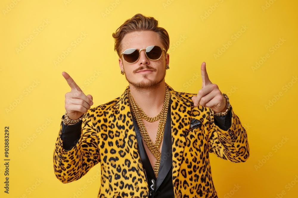 Happy guy in gold necklace and leopard suit pointing fingers at camera ...