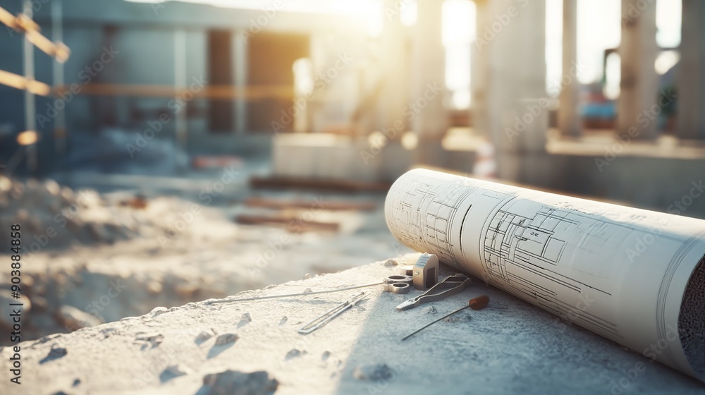 Detailed blueprints spread out on concrete with a construction site ...