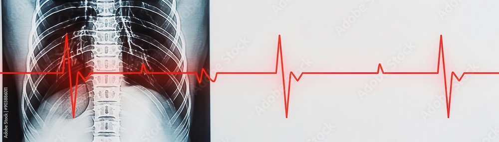X-ray image of a human torso with a red heartbeat line overlay. The ...