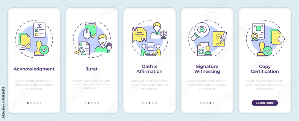 Notarization types onboarding mobile app screen. Walkthrough 5 steps ...