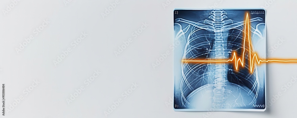 An X-ray image of a chest with an orange heartbeat line overlay. The ...
