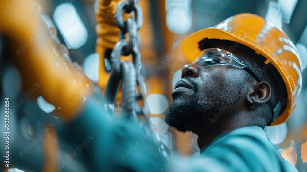 An industrial worker in a yellow helmet is seen lifting and adjusting ...