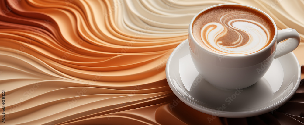 Abstract 3D coffee background, a cup of coffee against a background of ...