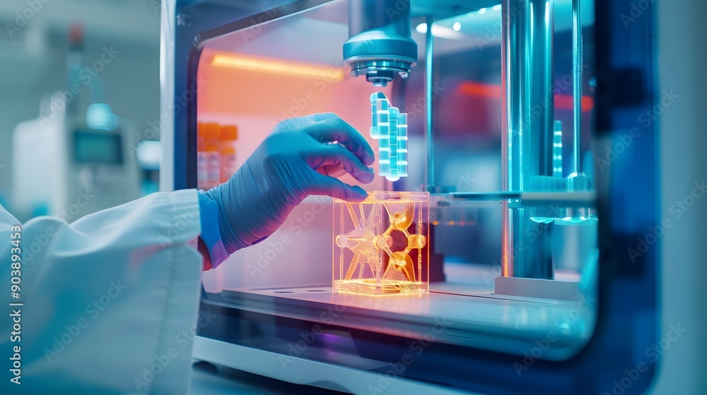 Scientist with gloved hand using an advanced 3D printer to create ...