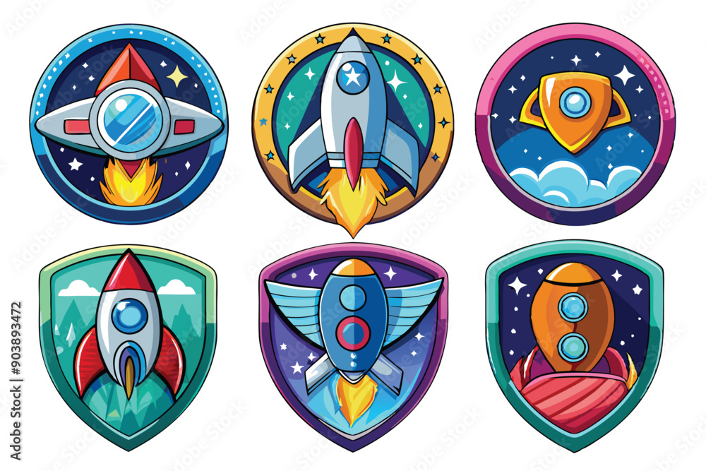 White background with badge rocket vector. Rocket graphic is contained ...