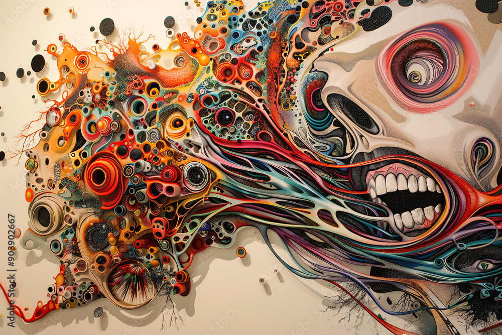abstract paper quilling portrait of human face with lots of eyes, teeth ...