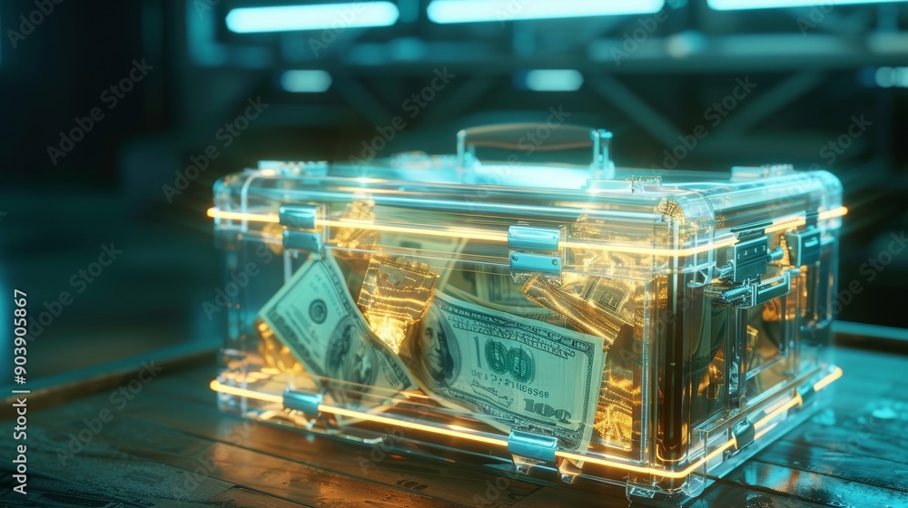 Glowing Wealth Transparent Briefcase Overflowing with Currency Symbols ...