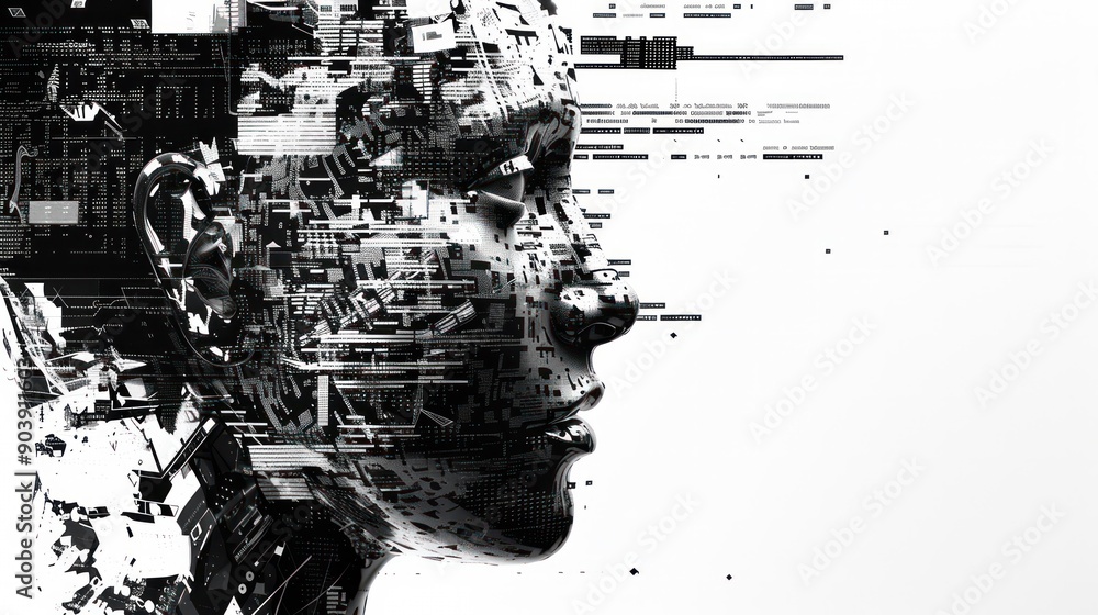 A digital black and white collage of computer screens and code, forming ...