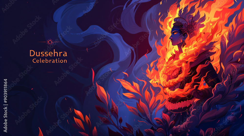 Dussehra banner with an abstract illustration of a burning effigy of ...